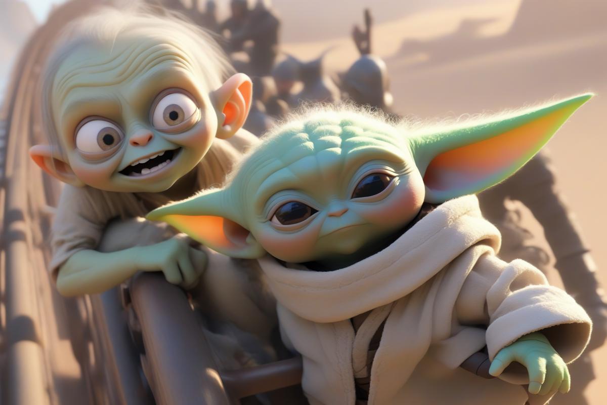 Photo of Baby Gollum and Baby Yoda, side by side, riding a roller ...