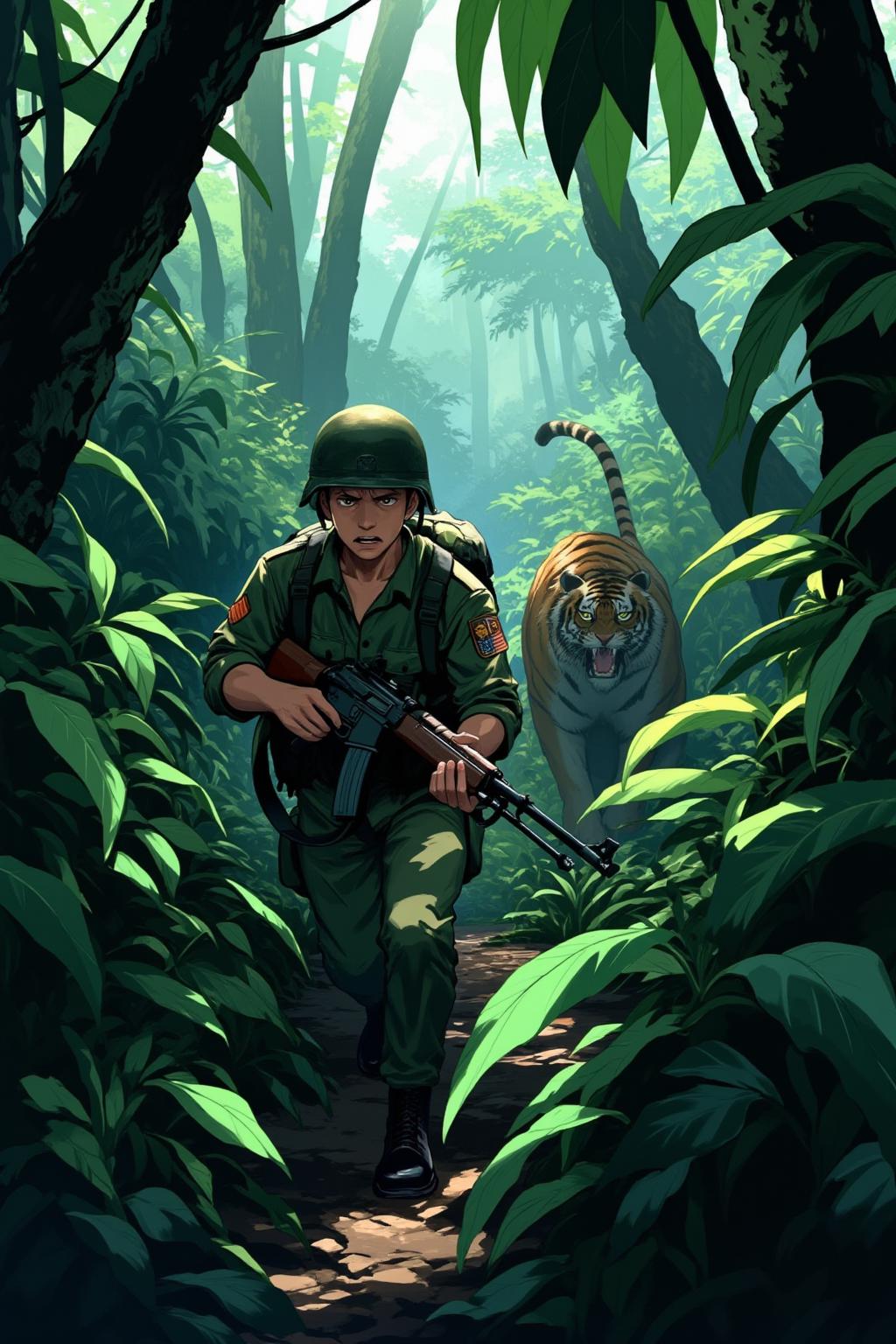 An American marine and a tiger in a jungle in Vietnam. The solder is ...