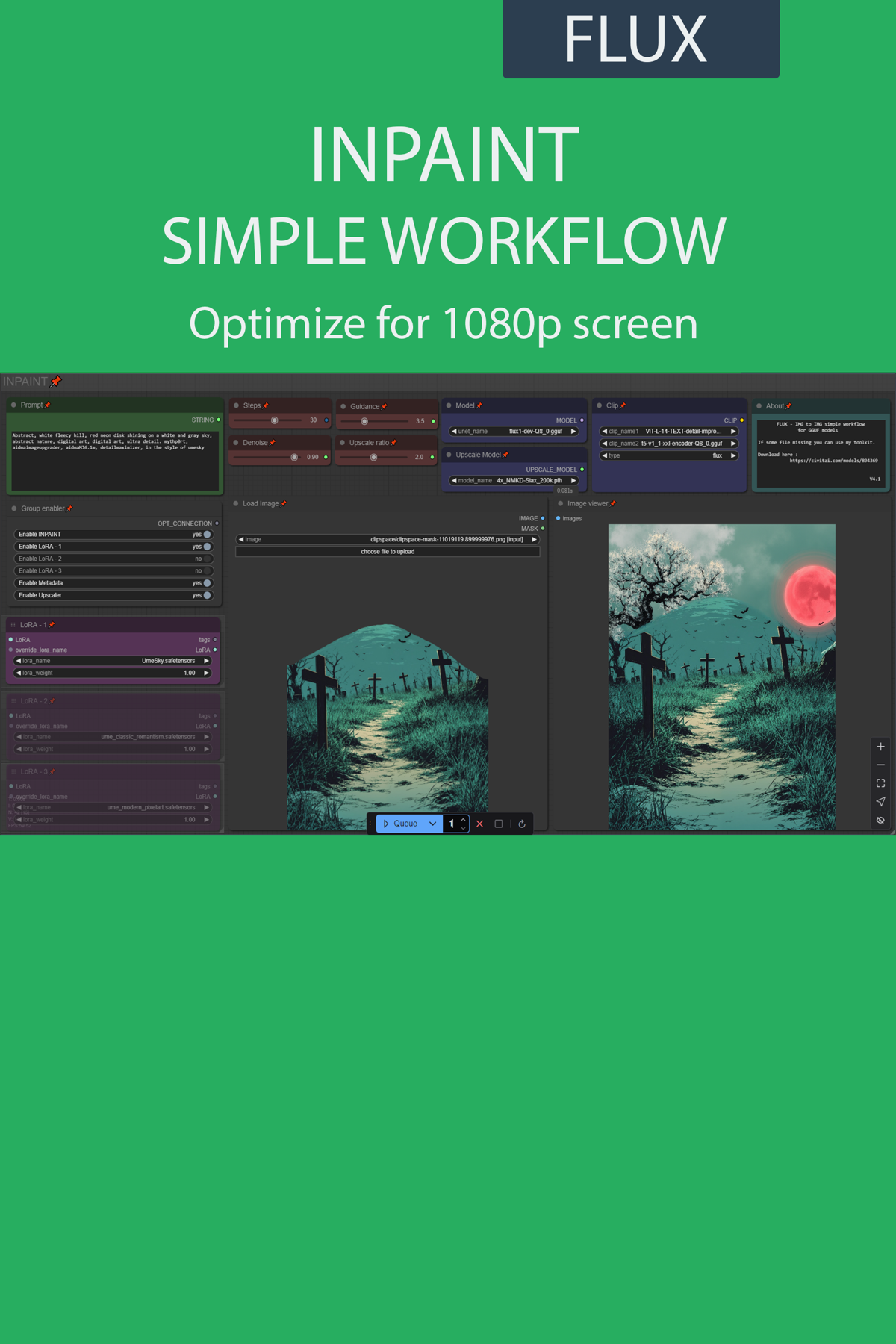 Inpainting simple workflow FLUX | UPSCALE | LORA | GGUF | CIVITAI Metadata - v4.2 | Flux ...