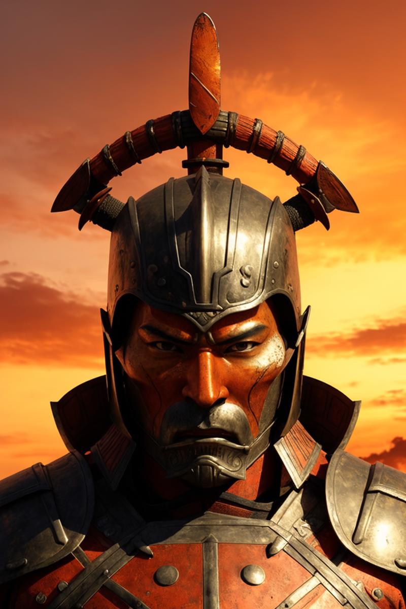 a powerful samurai warrior with a stoic expression and gleaming armor ...