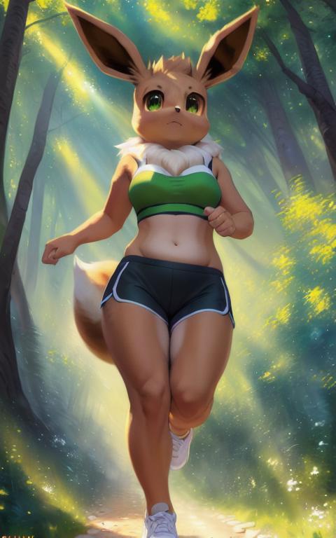 F anthro Eevee jogging through the woods in a sports bra - sfw | Civitai