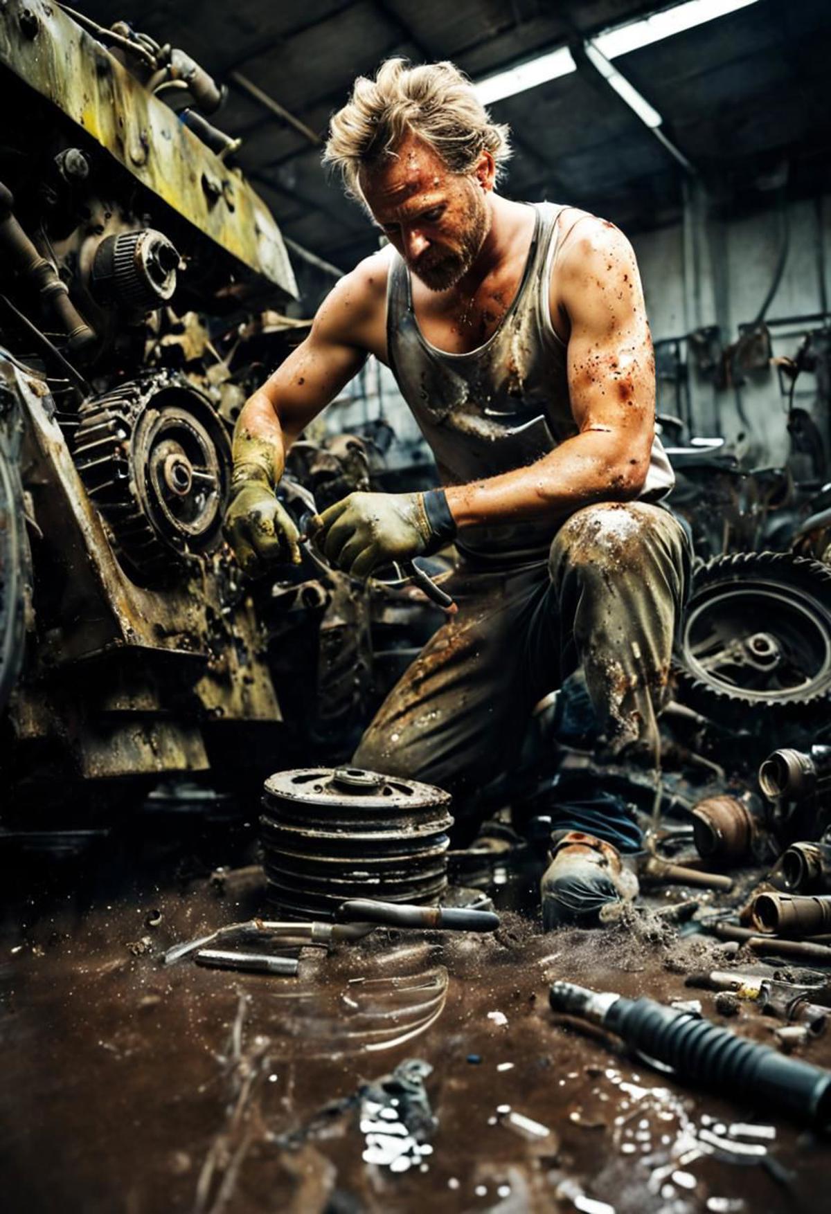 Dirty mechanic repairing a complex machine, wearing tank top, covered ...