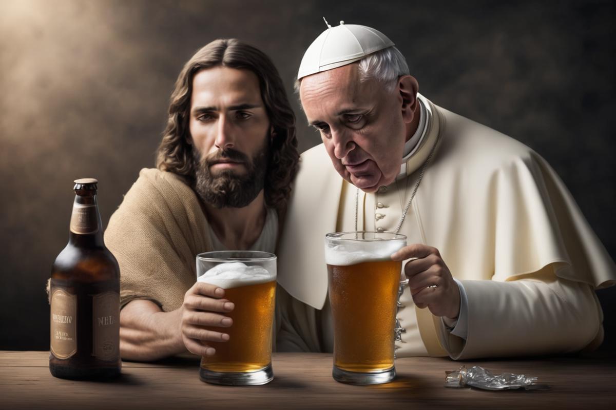 Photo two sad men, side by side drinking beers BREAK sad Pope Francis ...