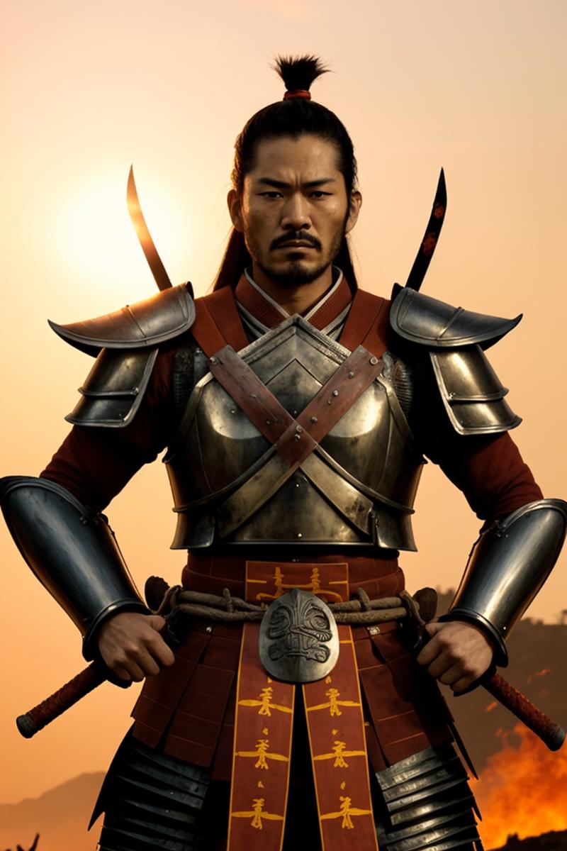 a powerful samurai warrior with a stoic expression and gleaming armor ...