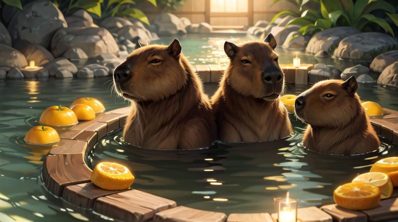 Capybaras in japanese hot springs | Civitai