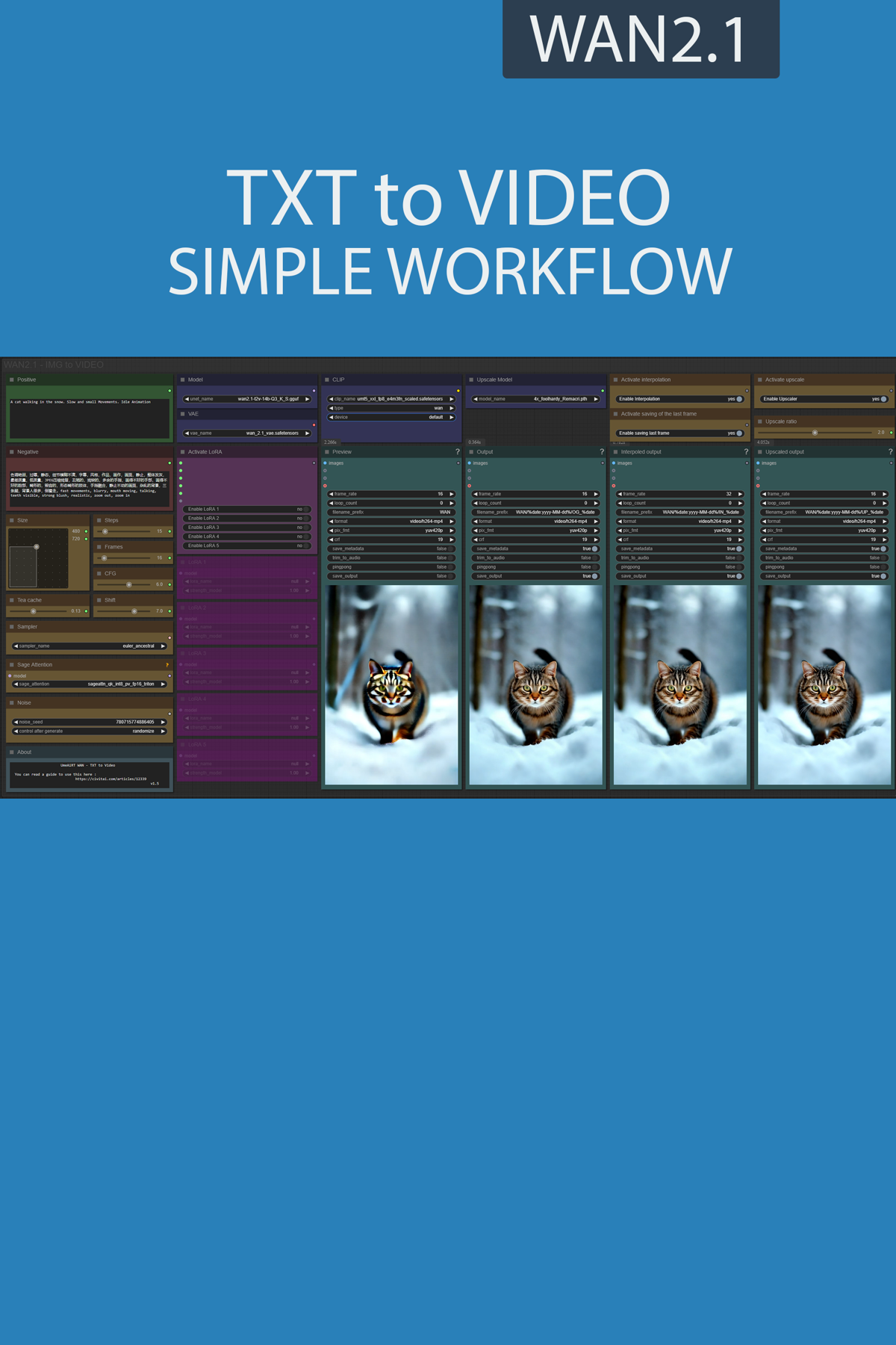TXT to VIDEO simple workflow WAN2.1 | GGUF | LoRA | UPSCALE | TeaCache - v1.5 Showcase | Civitai