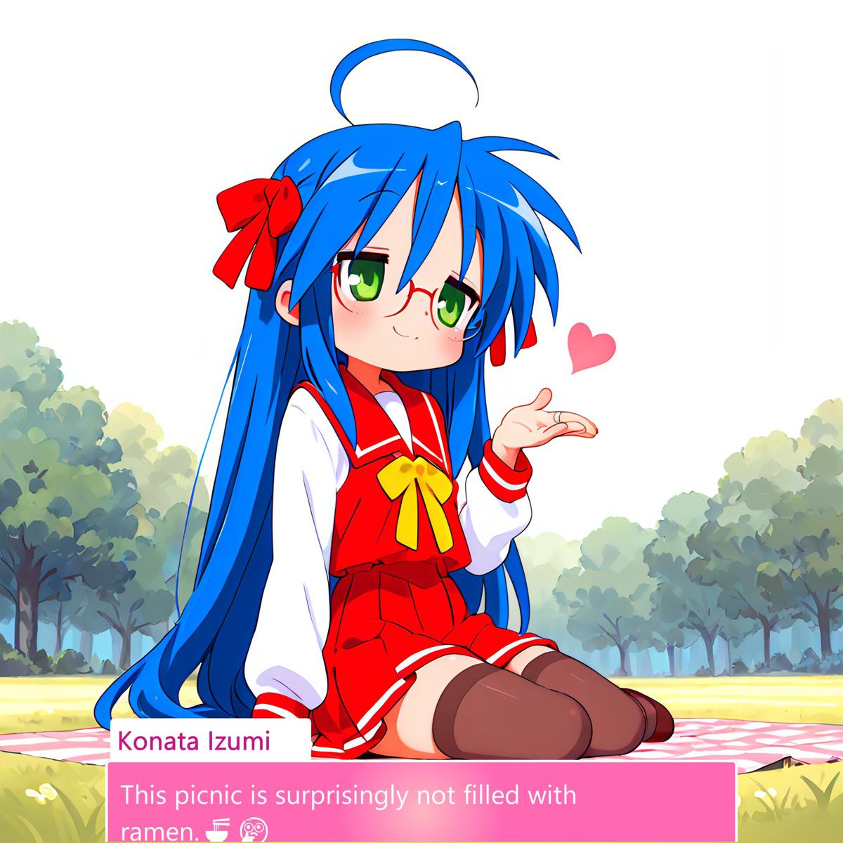 Konata Izumi (Lucky Star) A Woman In A Red Dress Sitting On A Blanket With A Heart Shaped Object ...
