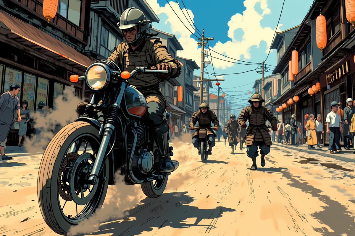 A race between a Japanese Samurai on a motorcycle with a man on a horse ...