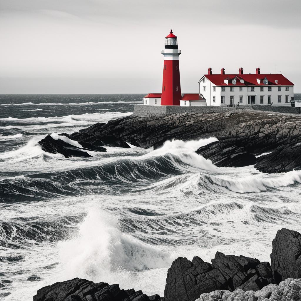 red and white lighthouse standing on a rocky outcrop surrounded with ...
