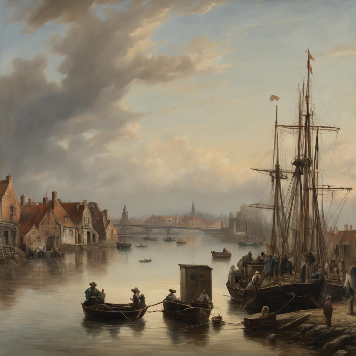 classical oil painting of a European riverside town | Civitai