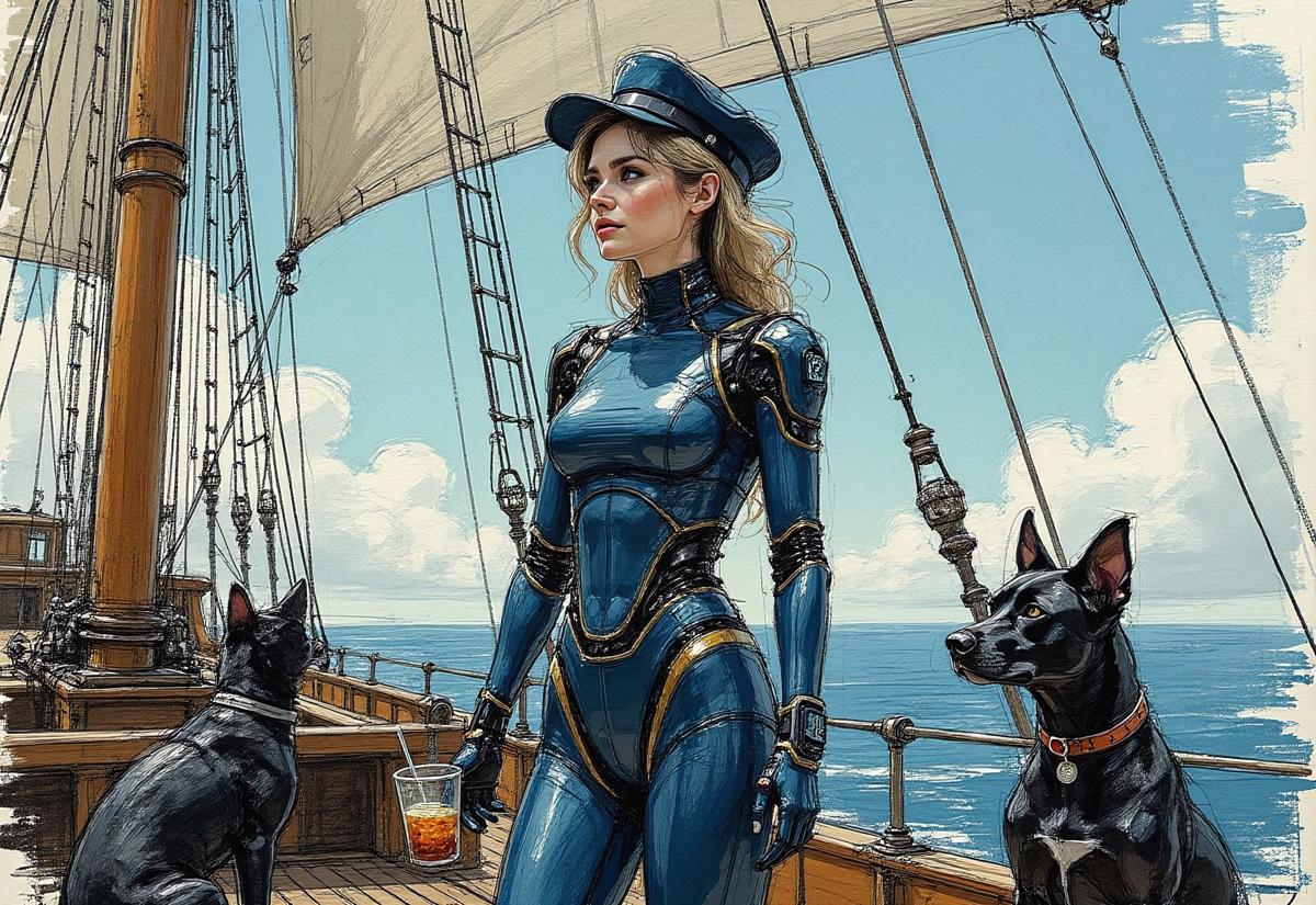 Beautiful Woman, Cyborg, Sailor, Ship, Charcoal Drawing, Cat, Dog, Lora ...